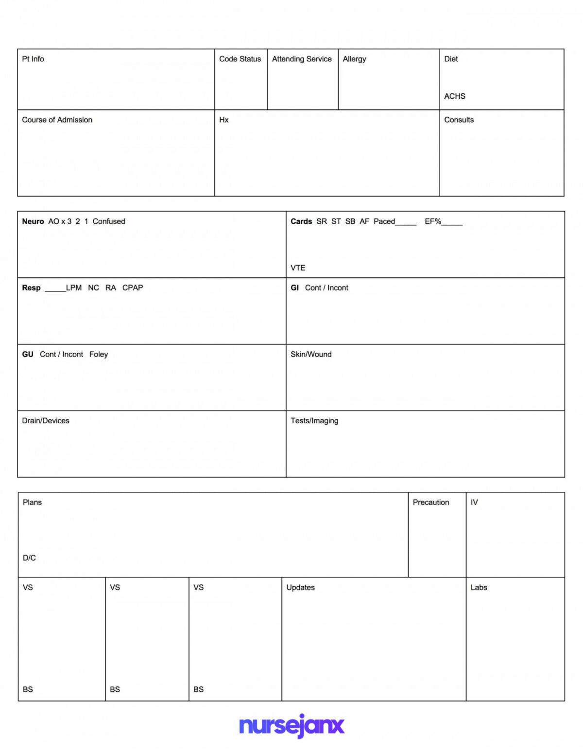 Nursing Report Sheet Template