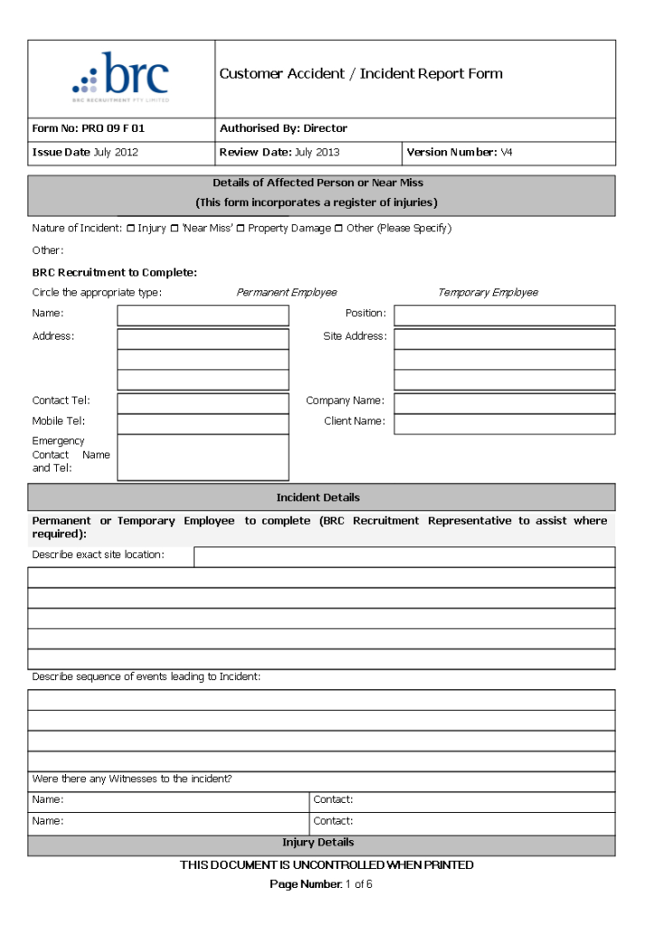 Customer Incident Report Form Template - Sample Design Templates